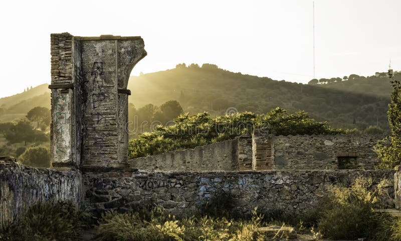 Ancient Roman Ruins with Hills in the Background during Sunset Stock ...
