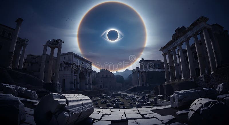 Ancient Roman Ruins Set Under a Dramatic Sky Featuring a Solar Eclipse ...