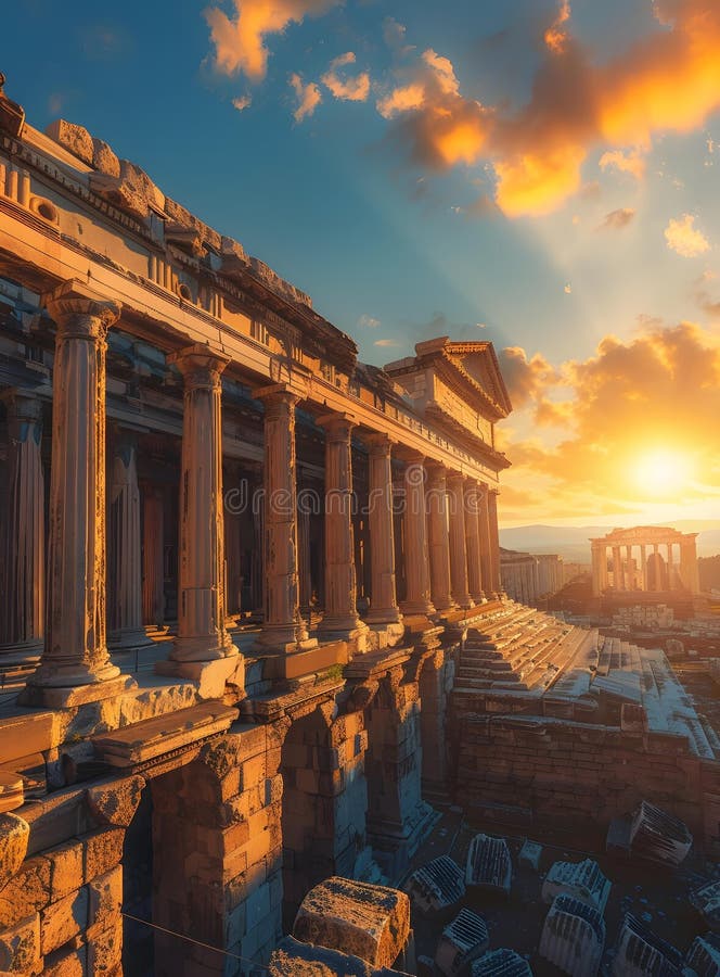 Ancient Roman Ruins at Sunset Generated Using AI. Stock Illustration ...