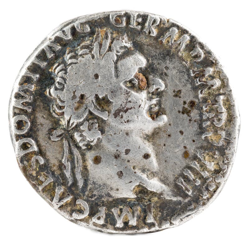 Ancient Roman Silver Denarius Coin of Emperor Domitian. Obverse Stock ...