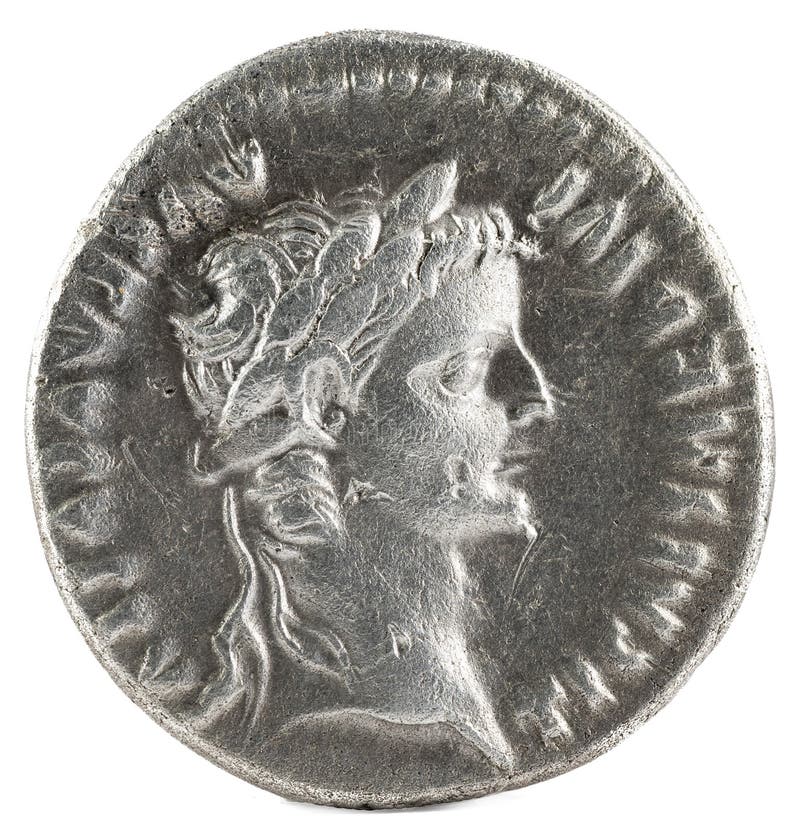 Ancient Roman Silver Denarius Coin of Emperor Tiberius, Obverse Stock ...