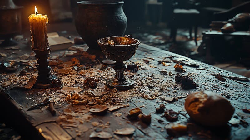 Ancient Roman Table after Feast with Toppled Amphora, Spilled Wine and ...