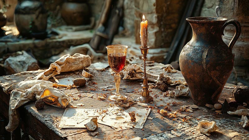 Ancient Roman Table after Feast with Toppled Amphora, Spilled Wine and ...
