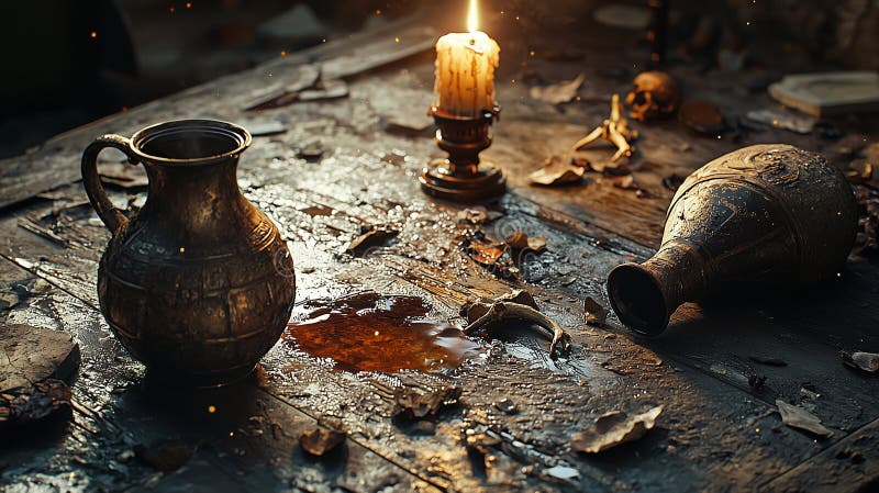 Ancient Roman Table after Feast with Toppled Amphora, Spilled Wine and ...