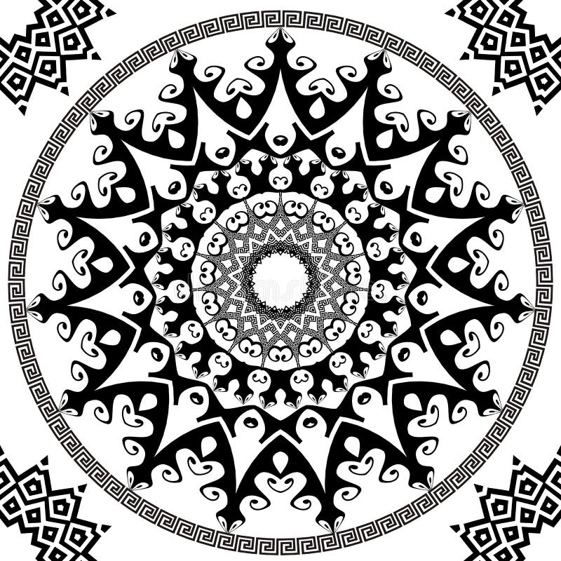 Ancient Round Greek Mandalas Seamless Pattern. Vector Isolated Black ...