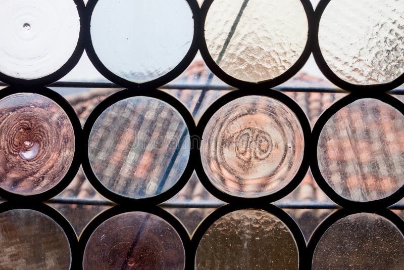 Ancient Round Shaped Glass in Window Stock Photo - Image of colourful ...
