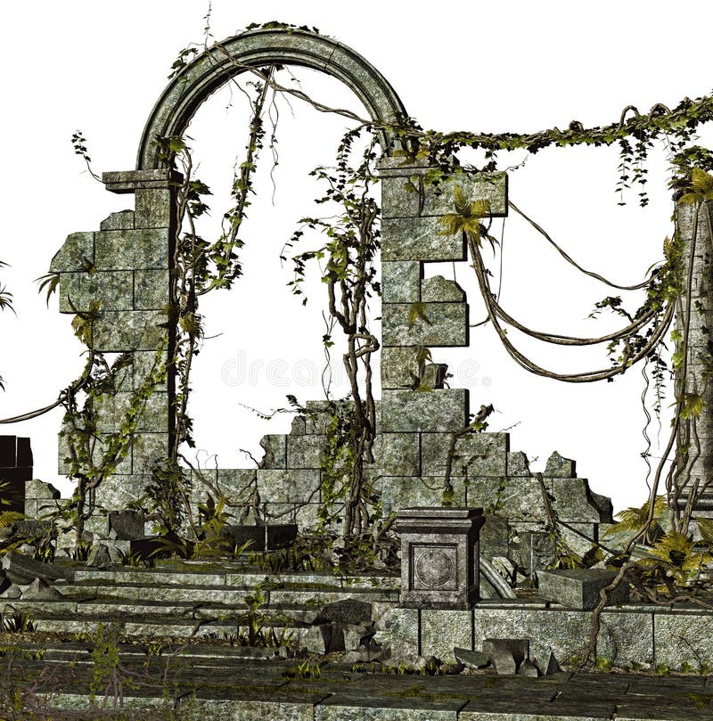 Destroyed Ancient Roman Column. Overgrown With Deciduous Plants. Stock ...