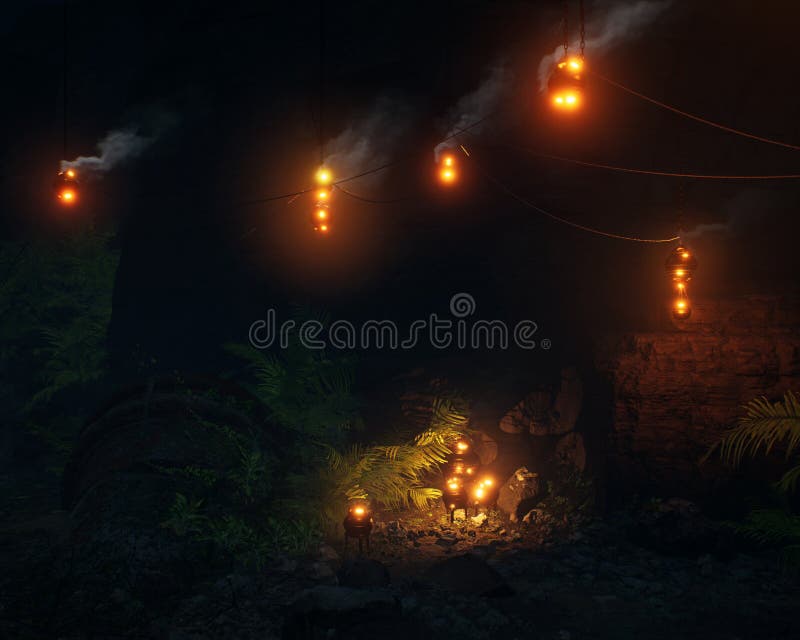 Ancient Ruin of Roman Cave with Vegetation and Illuminated Lanterns ...