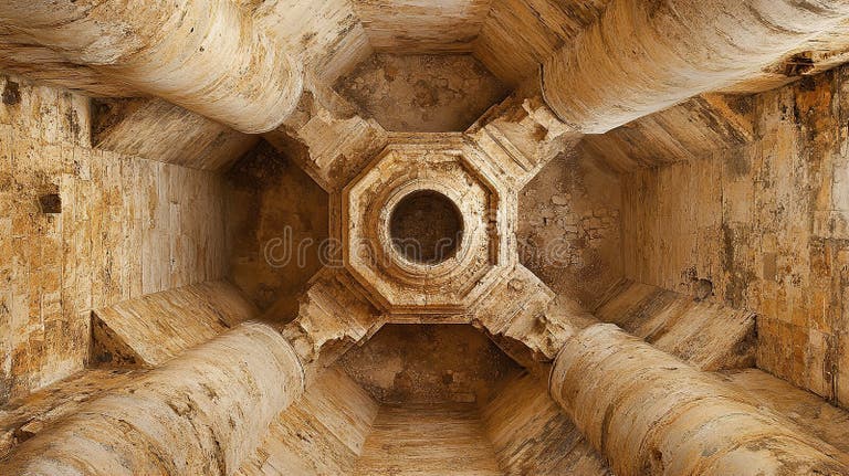 Ancient Ruin S Interior, Looking Up at Ornate Ceiling, Columns, and ...