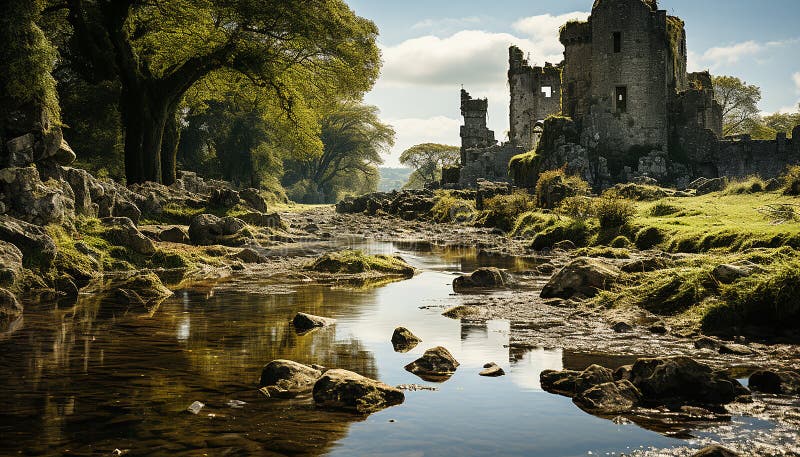 Ancient Ruined Castle Reflects in Tranquil Water, Surrounded by Nature ...