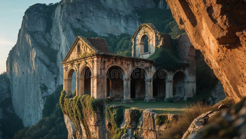 Ancient Ruined Stone Building Attached To a Steep Cliff Face Stock ...