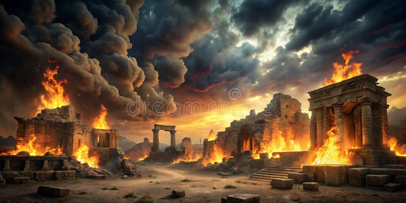 Ancient Ruins Ablaze Under Dark Sky Flames Highlighting Stone ...