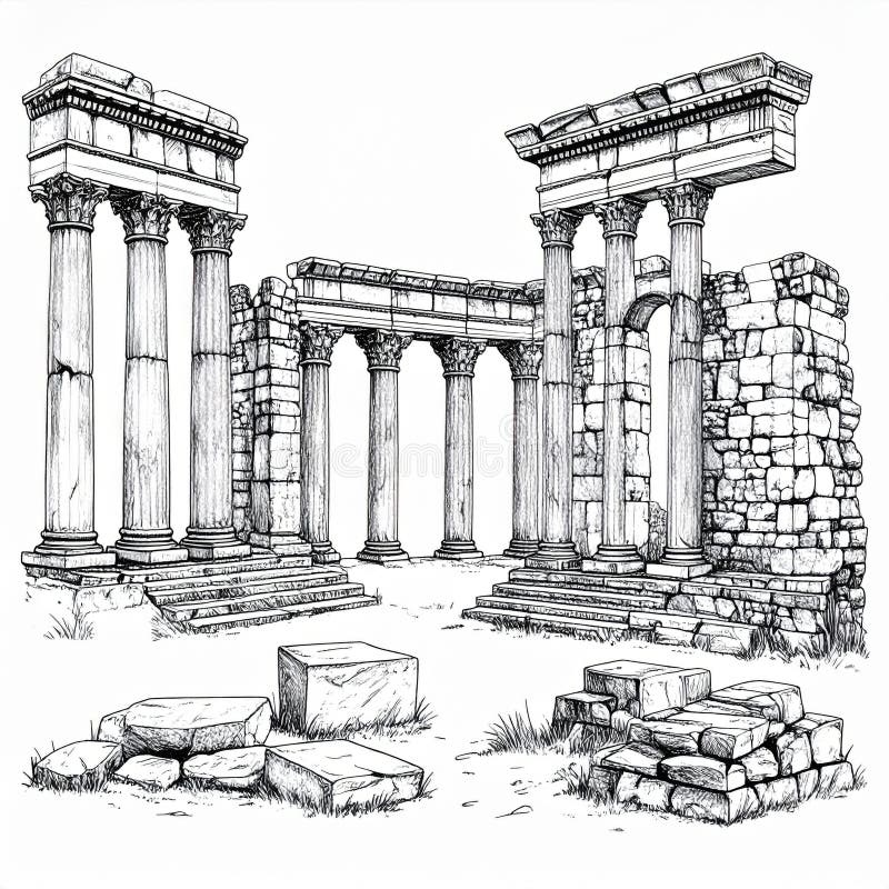 Ancient Ruins Architectural Drawing Black and White Stock Illustration ...