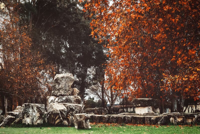 Ancient Ruins with Autumn Foliage in Background Stock Image - Image of ...