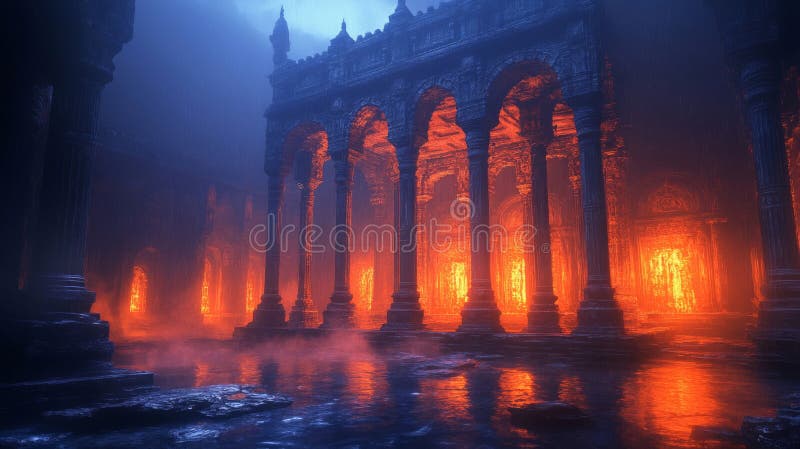 Ancient Ruins Burning in the Rain at Night Stock Illustration ...