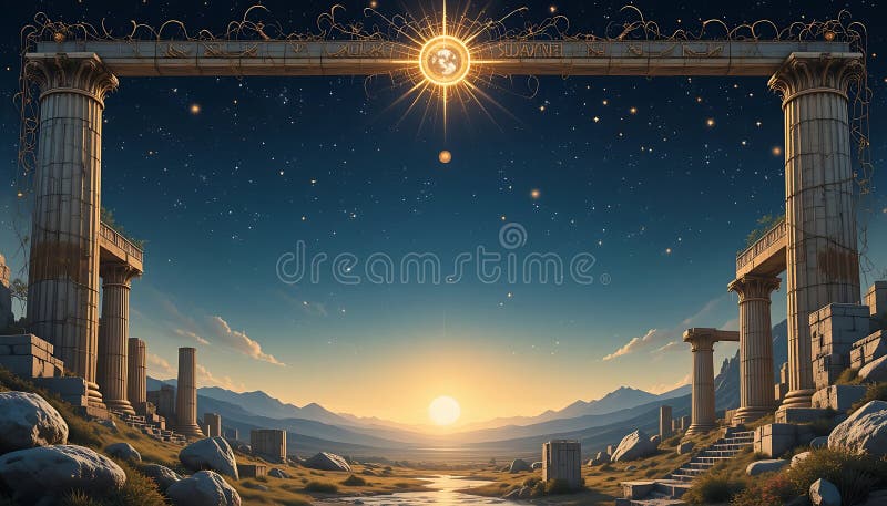 Ancient Ruins and Celestial Alignment at Sunset Over Distant Mountains ...