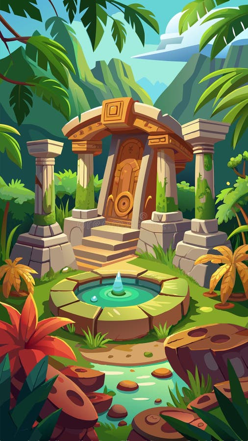 Ancient Ruins with Circle Stone Platform and Pillars in Jungle. Vector ...