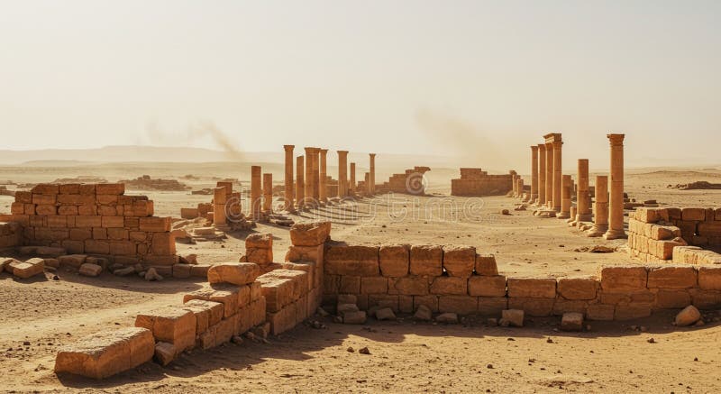 Ancient Ruins in a Desert Landscape, Featuring Rows of Tall ...