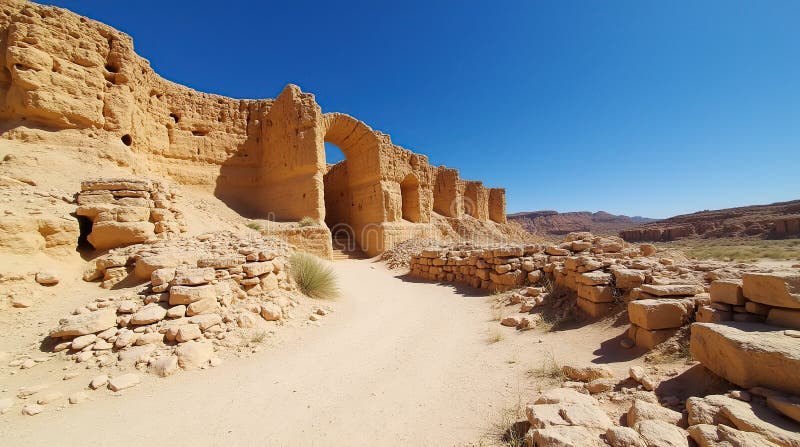Ancient Ruins of a Desert Stone Wall Under Bright Blue Sky Stock ...