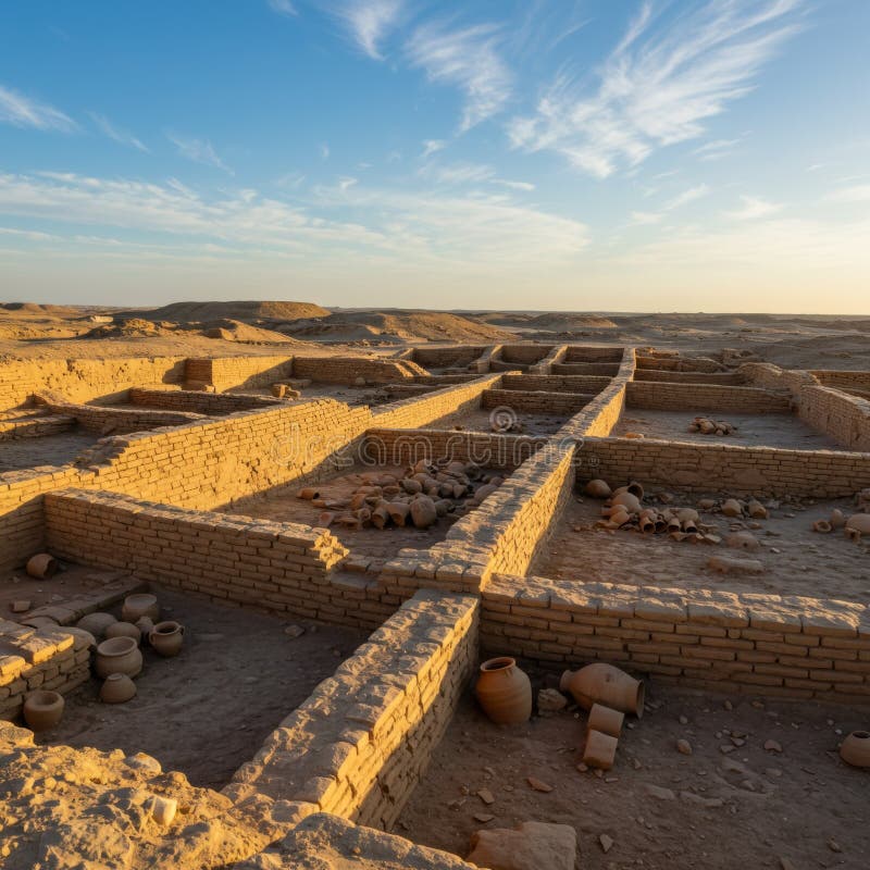 Ancient Ruins in a Desert at Sunset Stock Illustration - Illustration ...