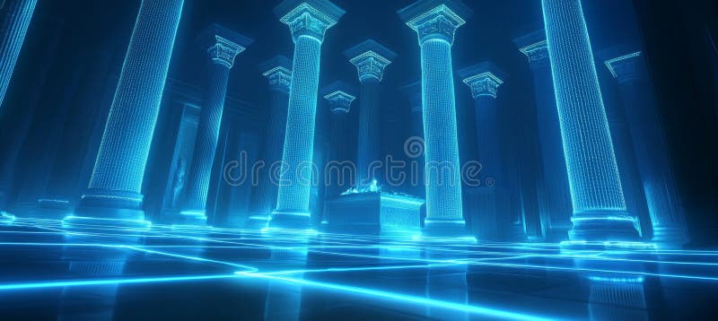 Ancient Ruins in Digital Network Style, Glowing Blue Outline of ...