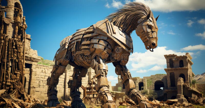 Ancient Ruins the Gates of Troy and the Trojan Horse Stock Illustration ...