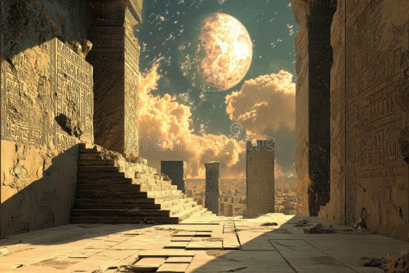 Ancient Ruins Illuminated by the Glow of a Large Celestial Body in the ...