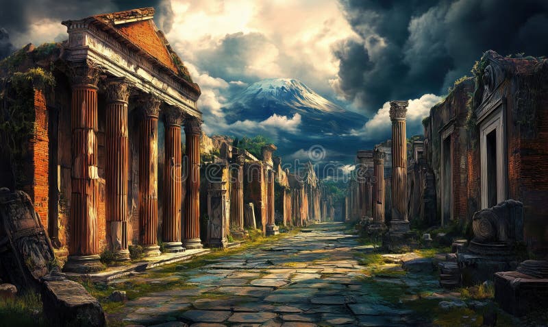 Ancient Ruins with Majestic Columns and a Volcano in the Background ...