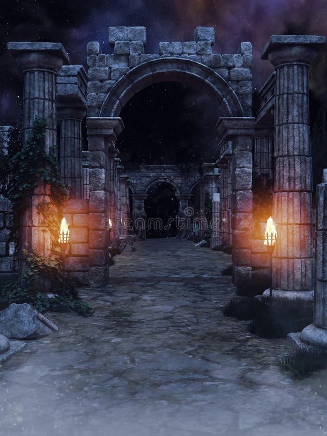 Ancient Ruins at Night, with Arches and Columns Stock Illustration ...