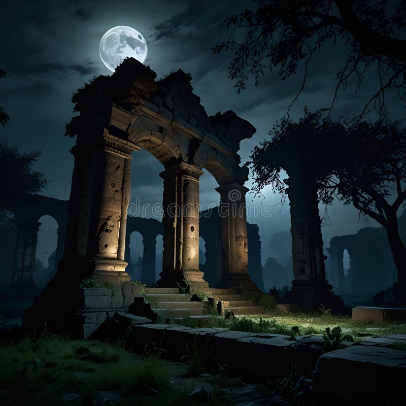 Ancient Ruins at Night Under the Full Moon Sky Stock Illustration ...