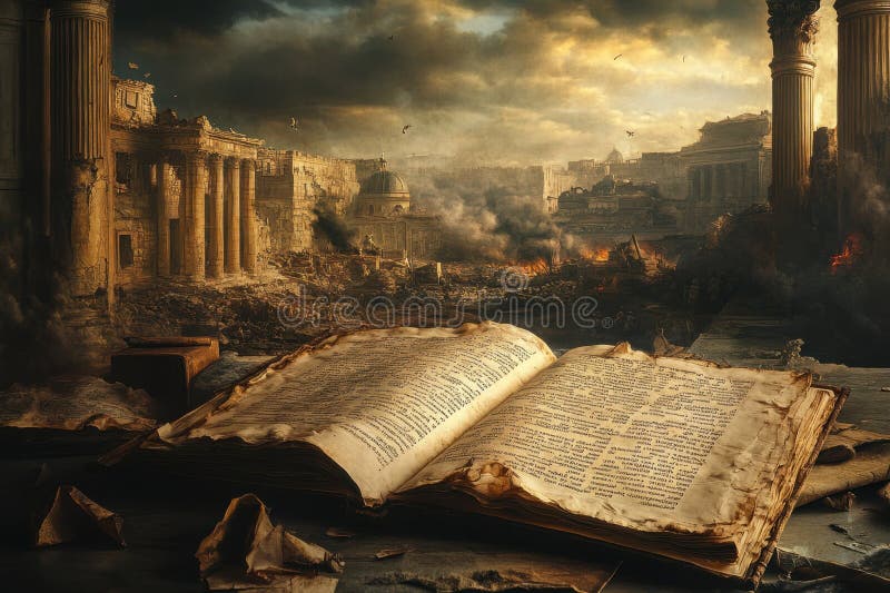 Ancient Ruins and an Open Book in a Desolate Landscape at Dusk Stock ...