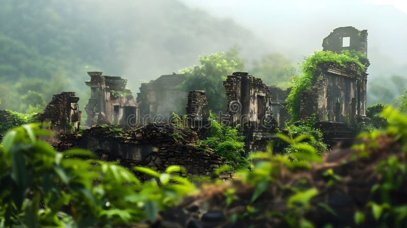 Ancient Ruins Overgrown with Lush Greenery, Set Against a Misty ...