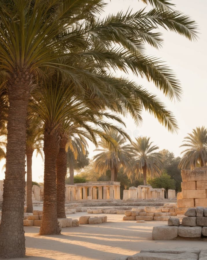 Ancient Ruins with Palm Trees and a Golden Light. Stock Image - Image ...