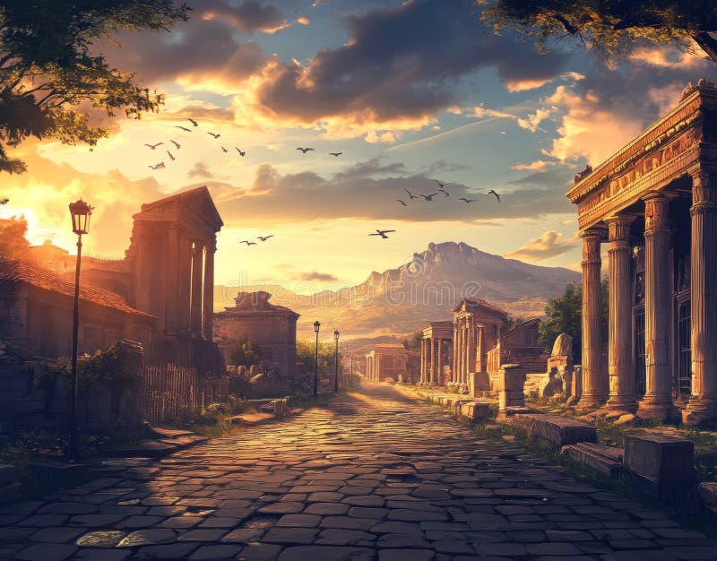 The Ancient Ruins, Path, and Historical Vista are Bathed in the Warm ...