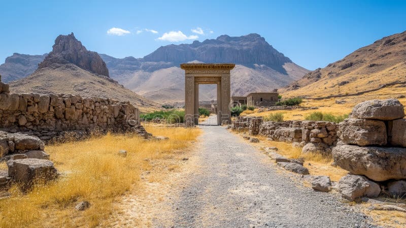 Ancient Ruins, Pathway, and Mountains at Persepolis Archaeological Site ...