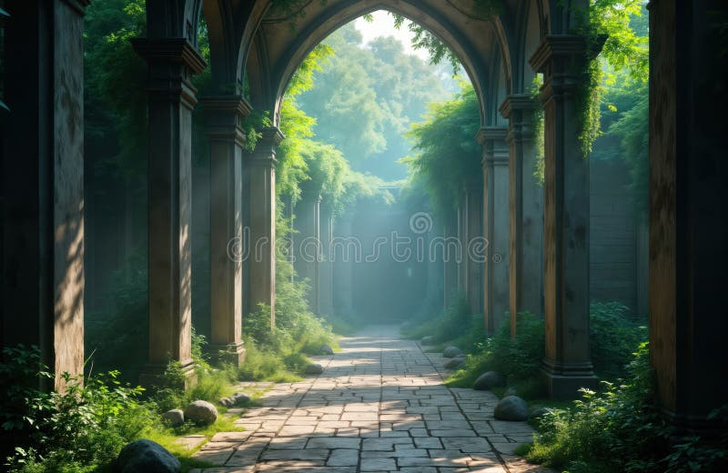 Ancient Ruins Pathway Overgrown with Plants. Sunlight Streams through ...