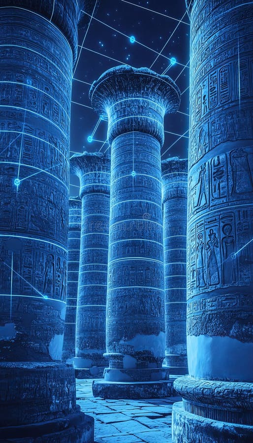 Ancient Ruins and Pillars Linked in Futuristic Digital Network ...