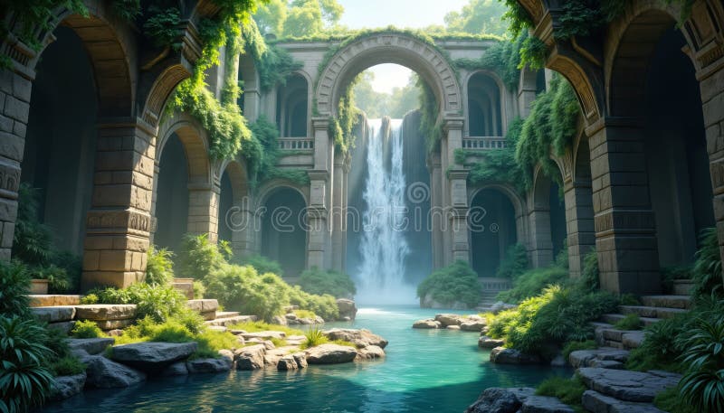 Ancient Ruins are Revived by Cascading Waterfall. Rich Green Plants ...