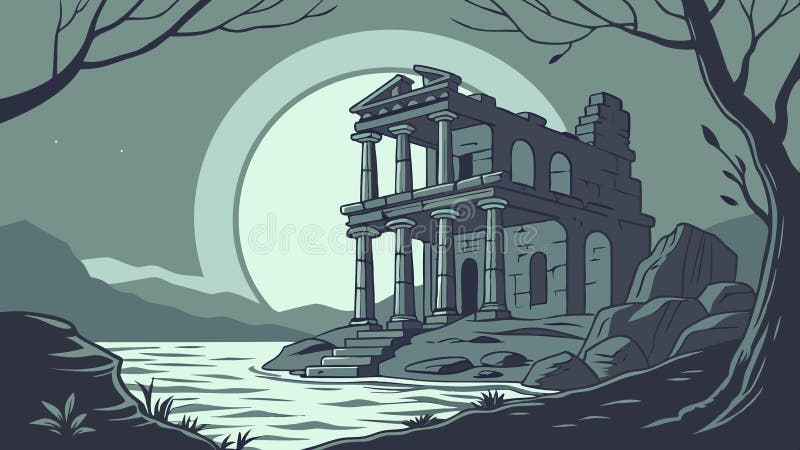 Ancient Ruins by River, Historical Landscape Vector Design Generative ...