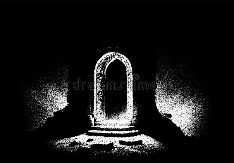 Ancient Ruins in Sci-fi Scene with Dotwork Retro Style. Mysterious Gate ...