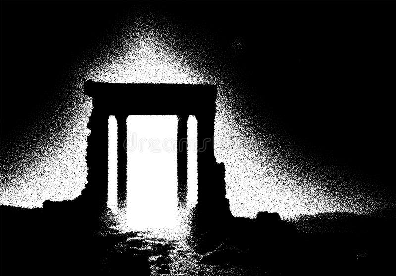 Ancient Ruins in Sci-fi Scene with Dotwork Retro Style. Mysterious Gate ...