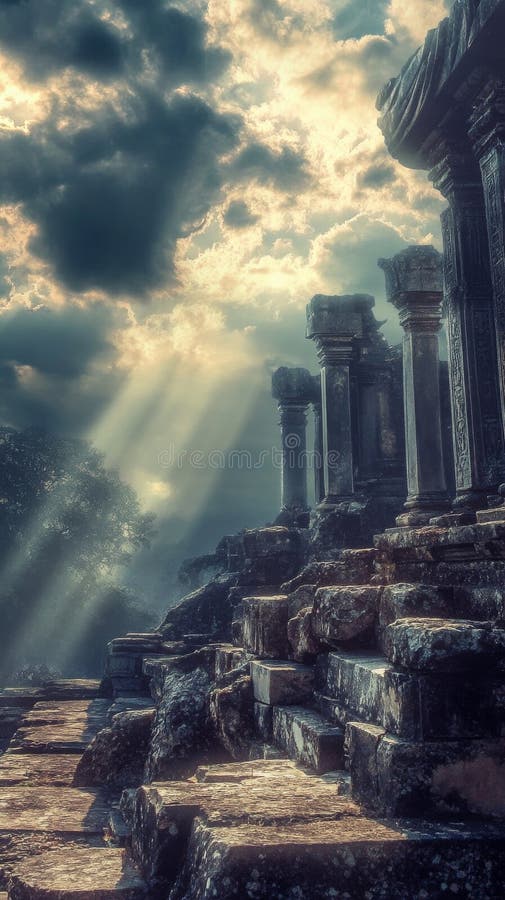 Ancient Ruins with Sunbeams Breaking through Clouds at Dawn, Mystical ...