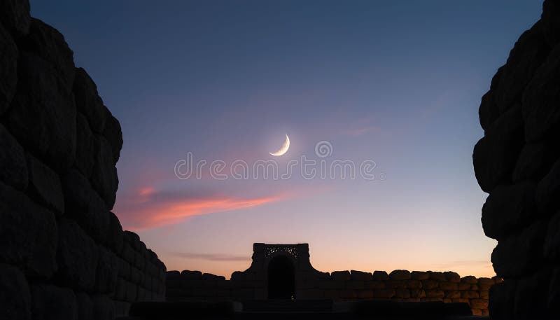 Ancient Ruins at Sunset with Crescent Moon Stock Illustration ...
