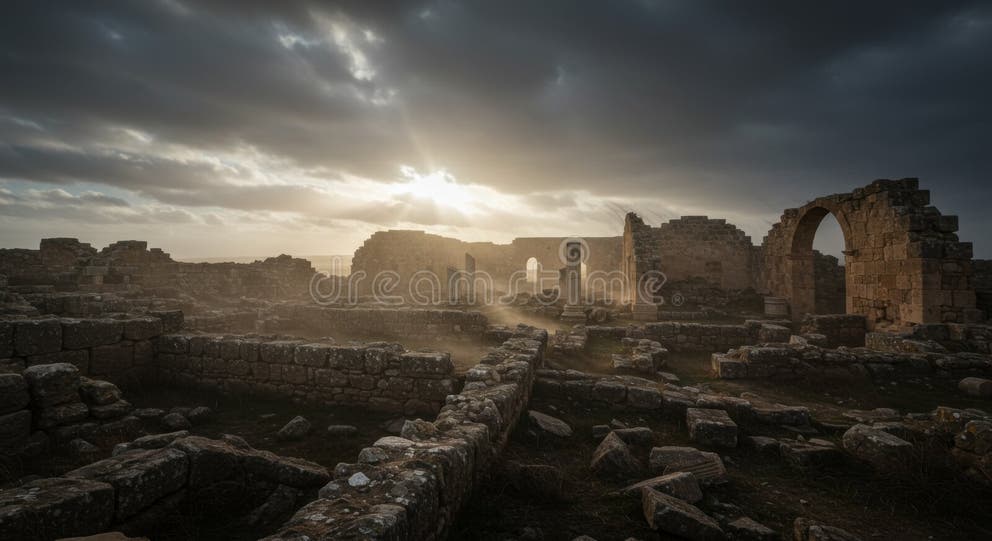 Ancient Ruins at Sunset Dramatic Desert Landscape Stock Illustration ...