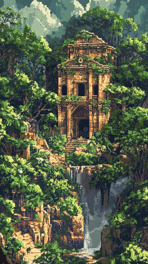Ancient Ruins Surrounded by Lush Greenery and Waterfall in Pixel Art ...