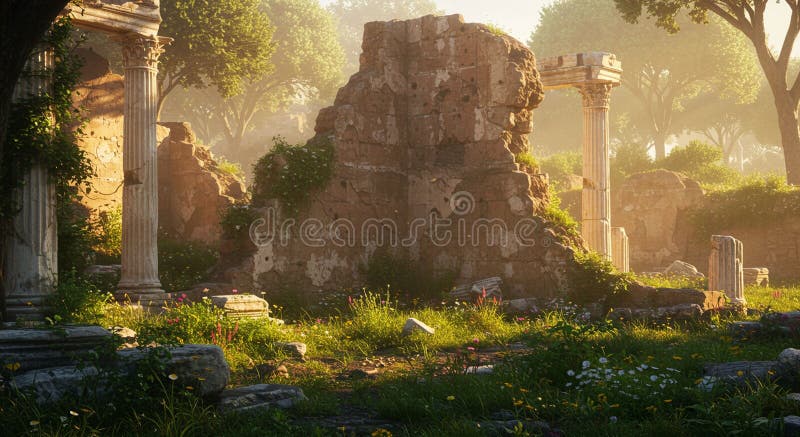 Ancient Ruins with Tall Stone Columns Surrounded by Lush Greenery. the ...