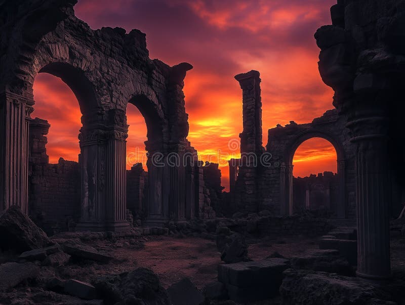 Ancient Ruins with Towering Columns at Sunset Stock Photo - Image of ...