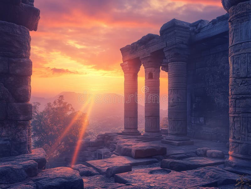 Ancient Ruins with Towering Columns at Sunset Stock Photo - Image of ...