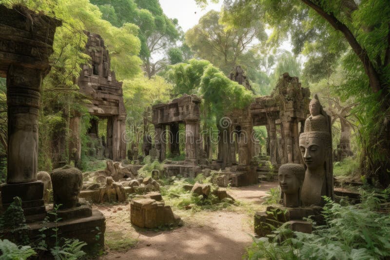 Ancient Ruins with Towering Stone Statues and Hidden Treasures Stock ...