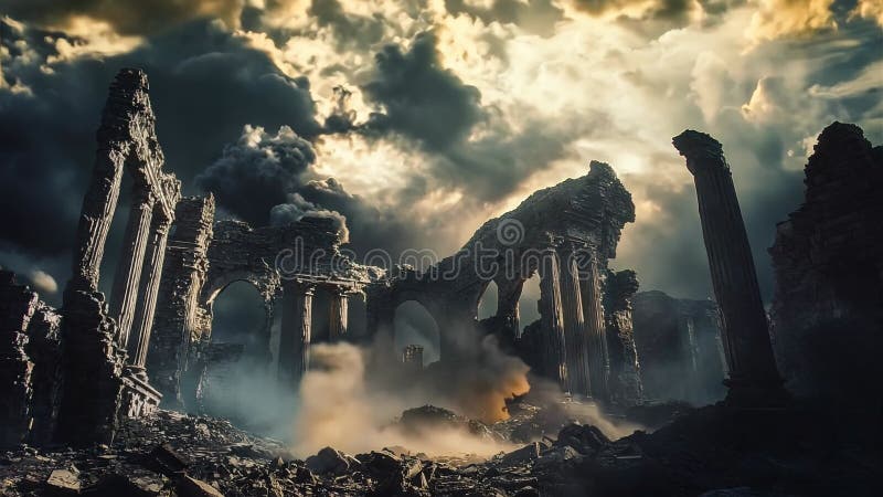 Ancient Ruins Under Dramatic Skies with Atmospheric Clouds Stock ...